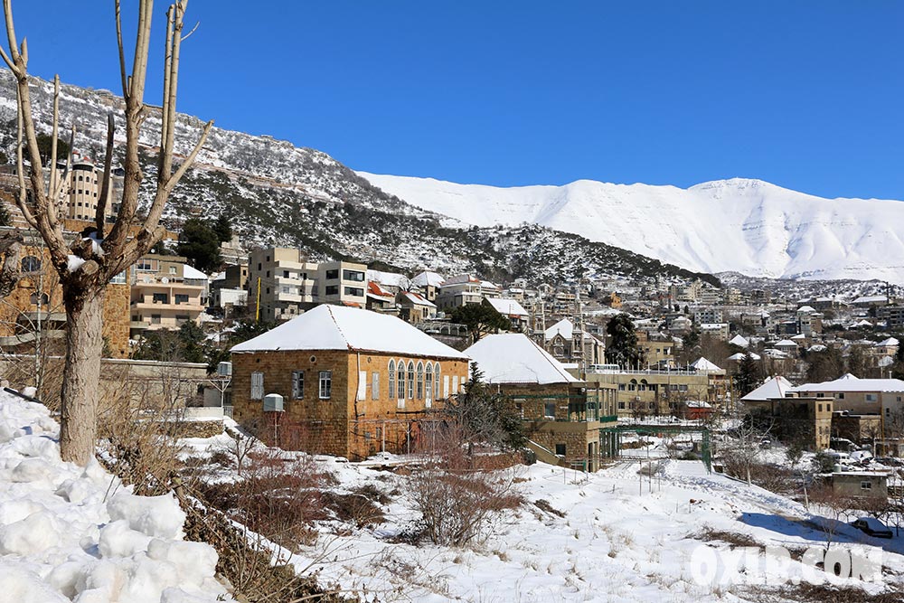 Poster print showing a house in Baskinta under the snow, Lebanon