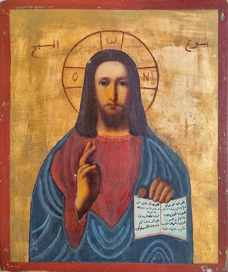 Old Lebanese Melkite religious icon original artwork paint gold leaf